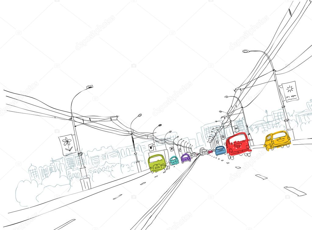 Sketch of traffic road in city for your design ⬇ Vector Image by ...