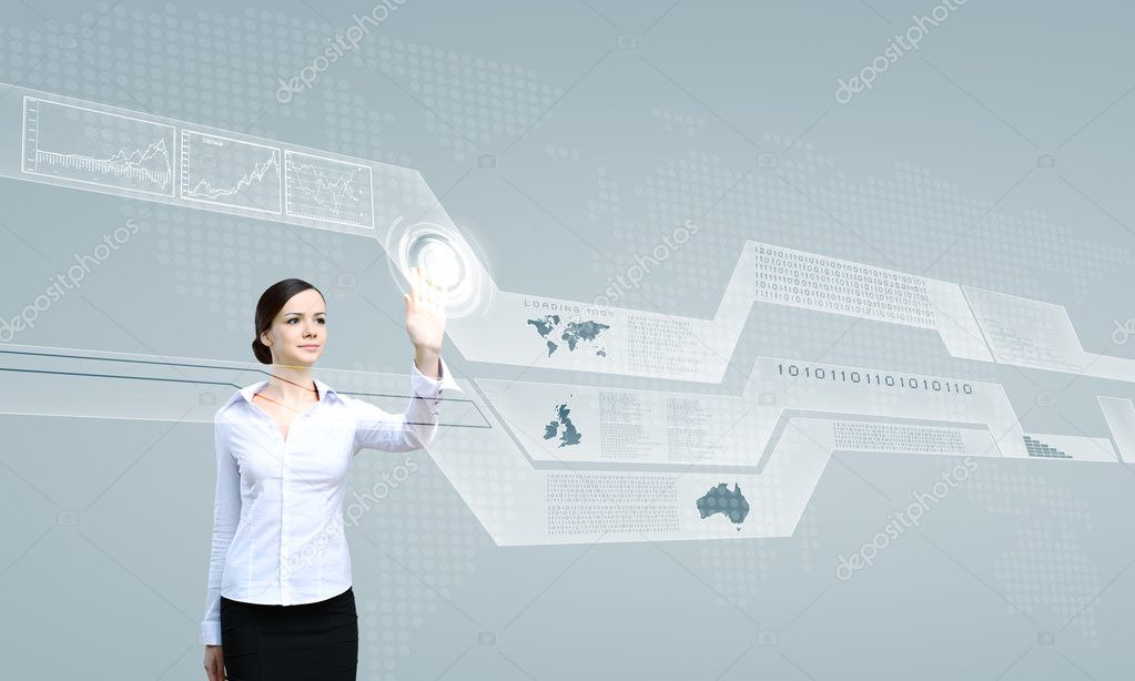 Businesswoman and touch screen technology Stock Photo by ©SergeyNivens ...