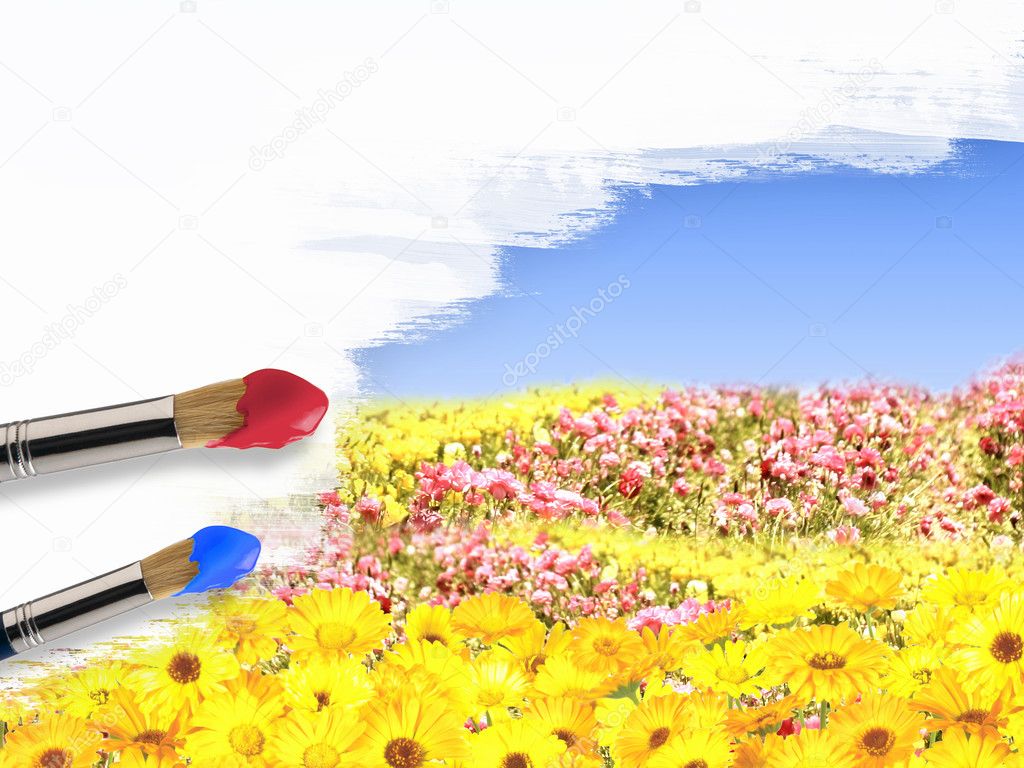 Paint brushes and landscape image Stock Photo by ©SergeyNivens 12185127