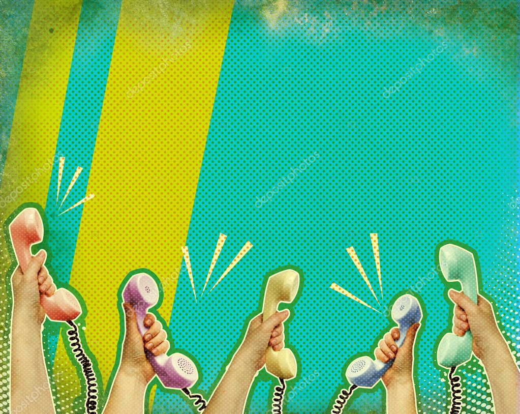 Hands with telephons.Retro communication poster background — Stock ...