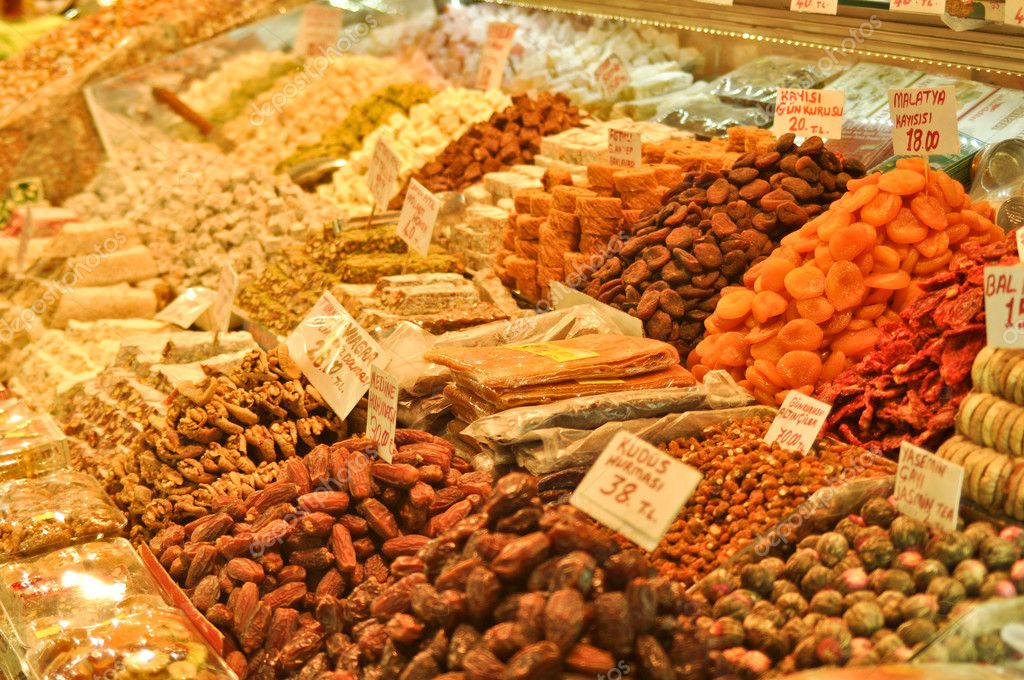 Traditional Turkish delight sweets, dried fruits, nuts at the Spice ...