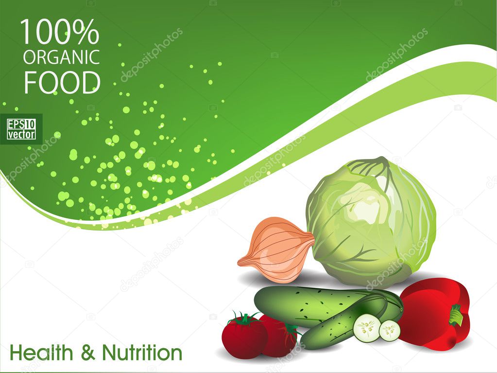 Health and Nutrition background with organic food and green wave ...