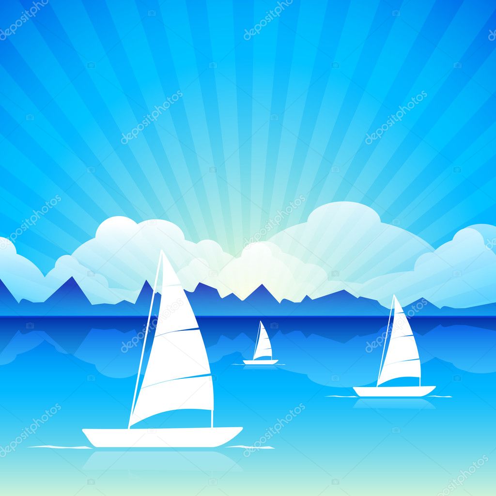 Vector illustration of a calm sea with boats on beautiful nature ...