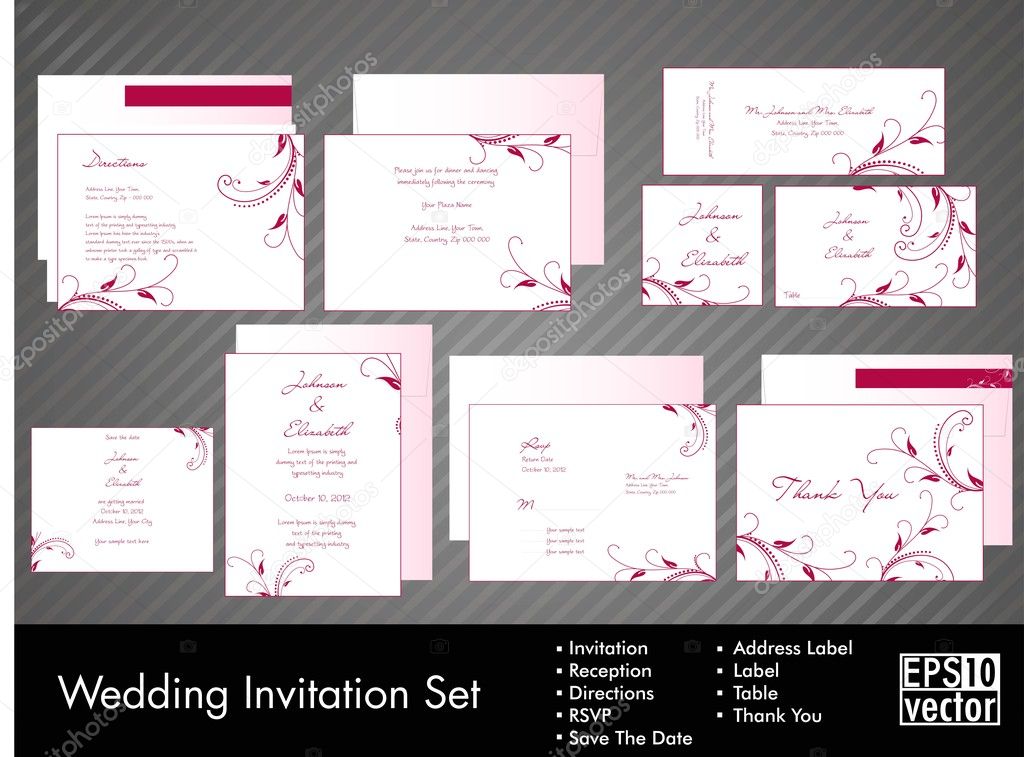 Complete set of wedding invitations or announcements with floral Stock ...