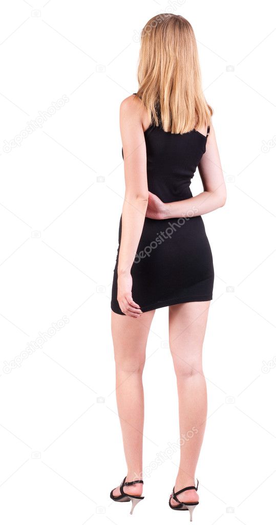 Back view of standing beautiful blonde business woman — Stock Photo ...