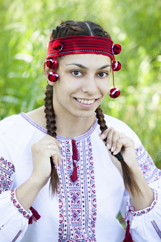 Slav girl at green meadow. — Stock Photo © massonforstock #11077056