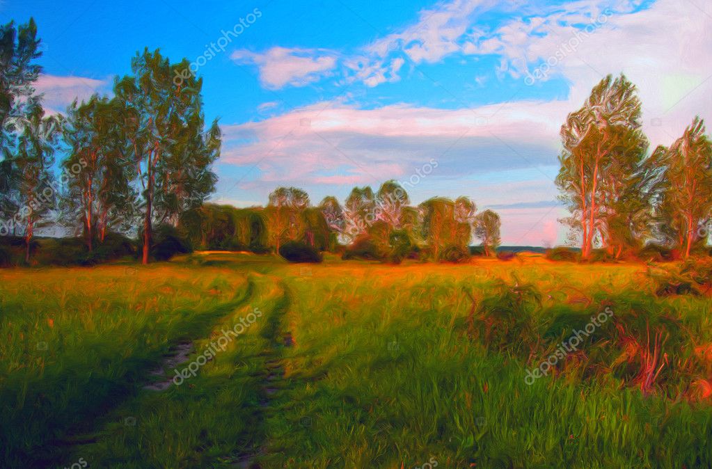 Krajina malba zobrazeno obrovské louky a lesní stromy na slunečný letní ...