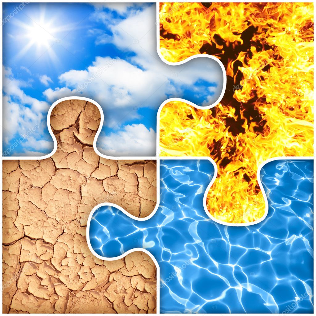Four basic elements of nature puzzle : air, fire, earth, water — Stock ...