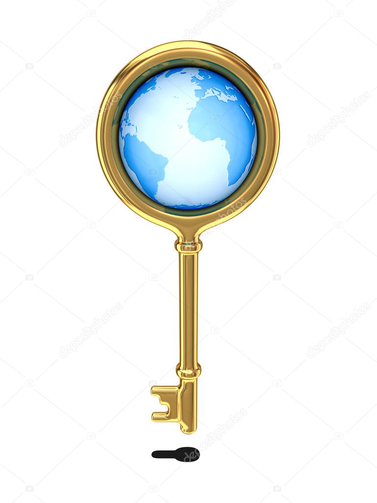 Golden key with a globe inside. Stock Photo by ©rukanoga 11159377