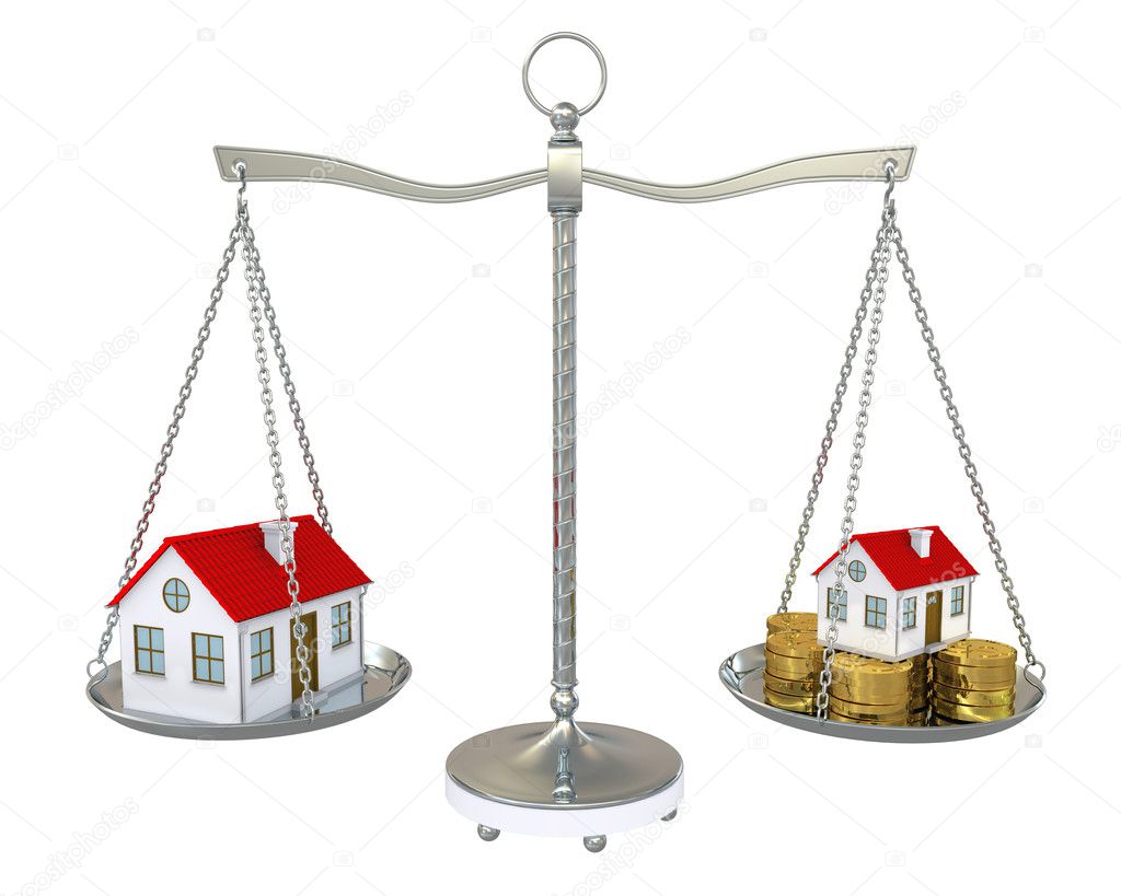 Large and small home with gold coins on the scale Stock Photo by ...