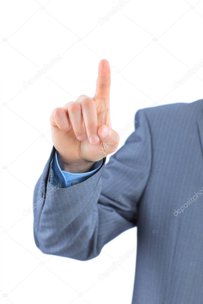Finger businessman raised up, close-up. Isolated on a white background ...