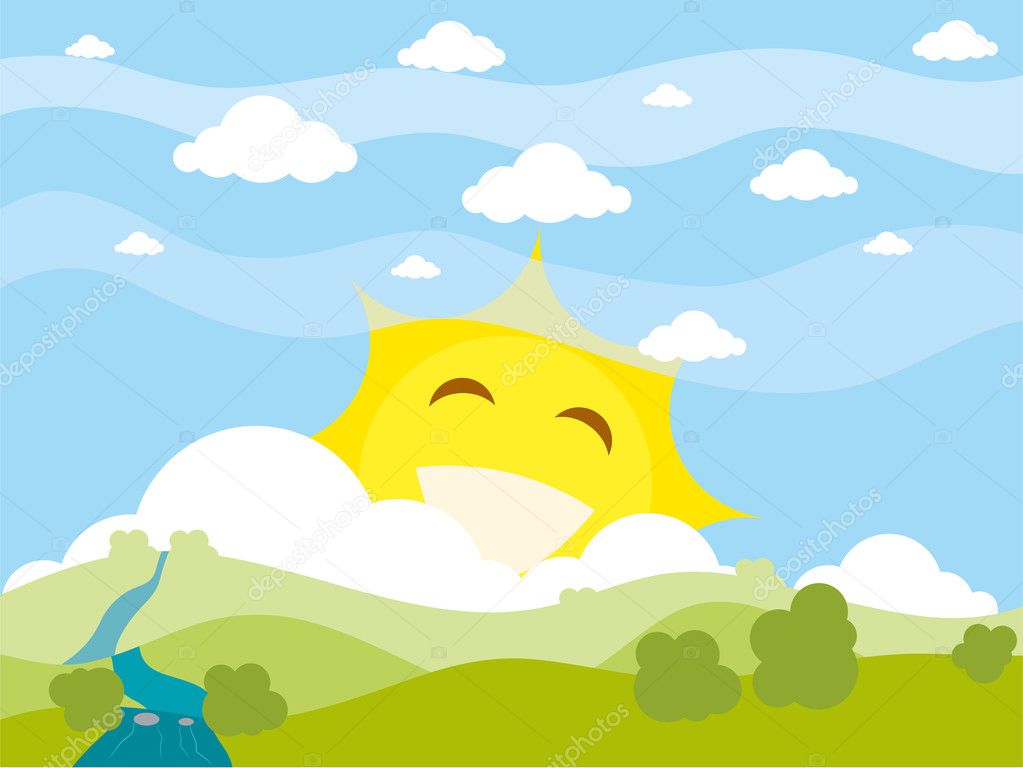 Paisaje de verano de dibujos animados lindo sol sonriente — Vector de ...