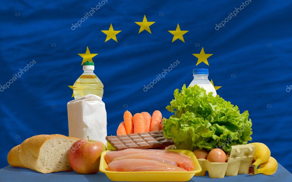 Basic food groceries in front of europe national flag Stock Photo by ...