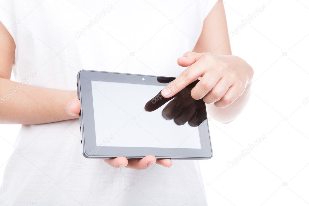 Woman hand using a touch screen device against white background — Stock ...