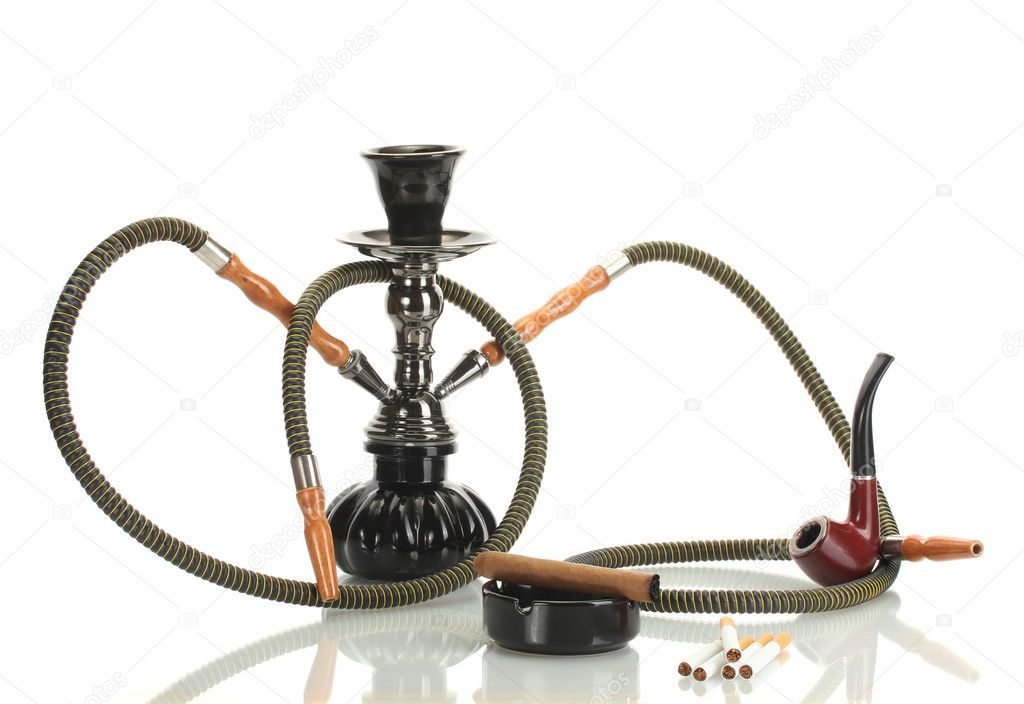 Smoking tools - a hookah, cigar, cigarette and pipe isolated on white ...