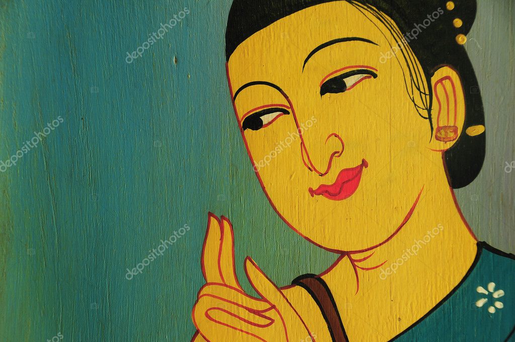Ancient woman art of drawing on the wall an old wooden temple Stock ...