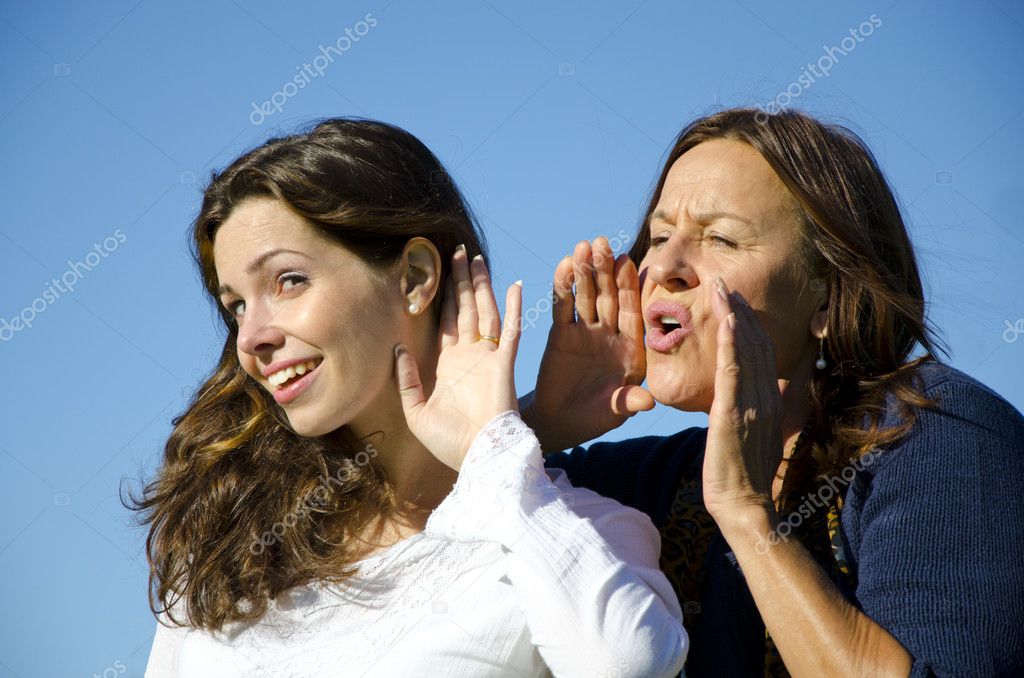 Two generations, friends, shouting and listening maby deaf — Stock ...