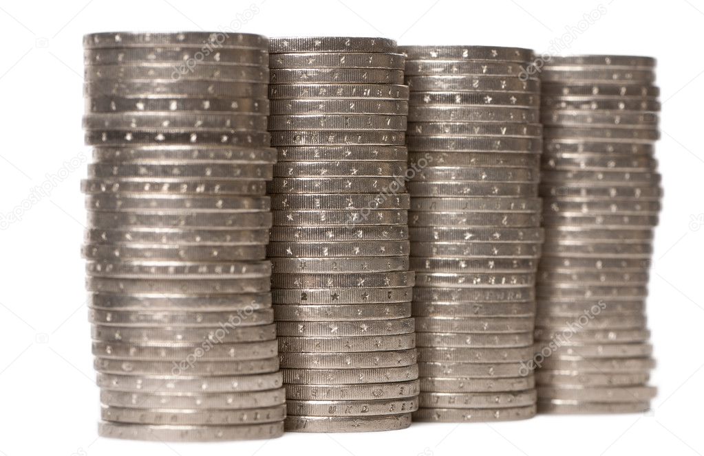 Stacks of 2 Euros Coins in front of white background Stock Photo by ...