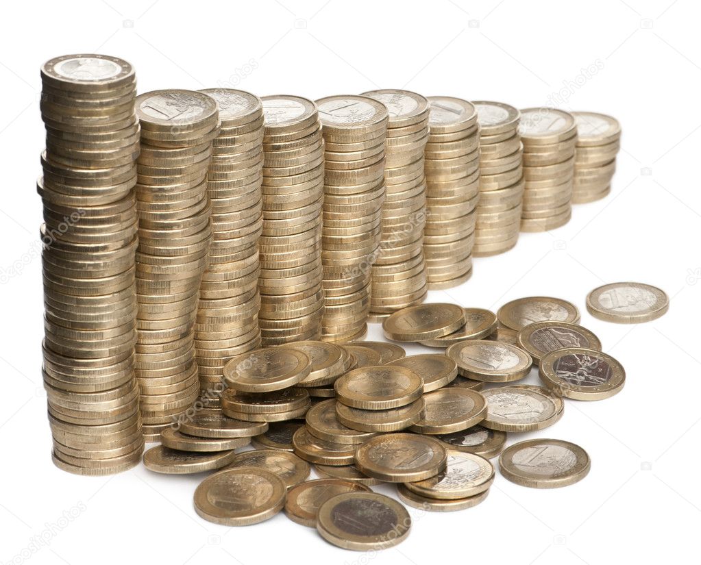 Stacks of 1 Euros Coins in front of white background Stock Photo by ...
