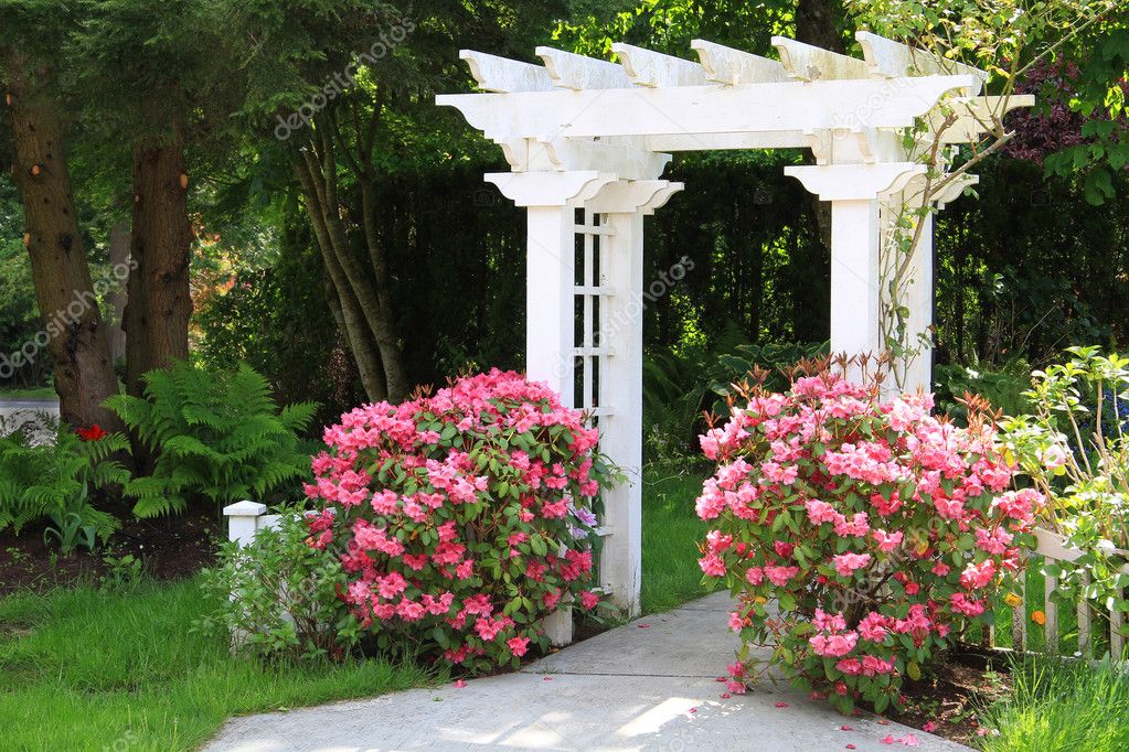 Garden arbor and pink flowers. — Stock Photo © Hannamariah #11340400