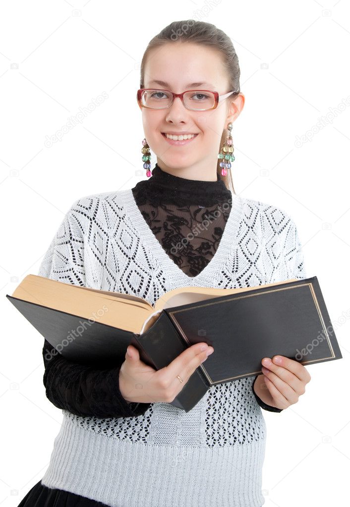 Girl with glasses reading a thick book — Stock Photo © AleksandrNo ...