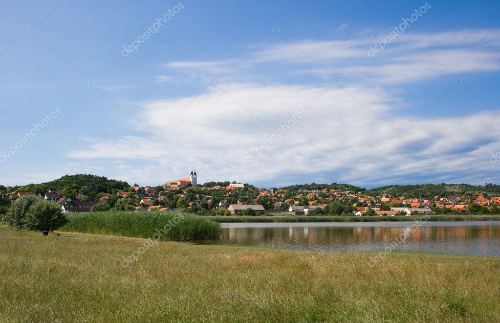 Tihany abbey with the inner lake and the villageTihany abbey wi Stock ...