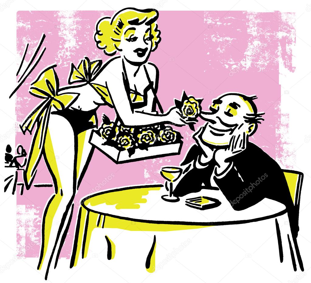 A vintage style drawing of a woman tempting a man with flowers Stock ...