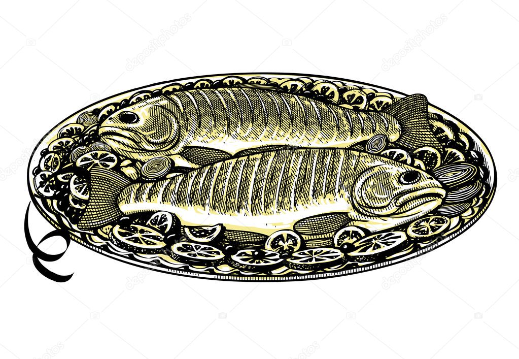 Vector illustration of roasted fish in vintage engraved style Stock ...